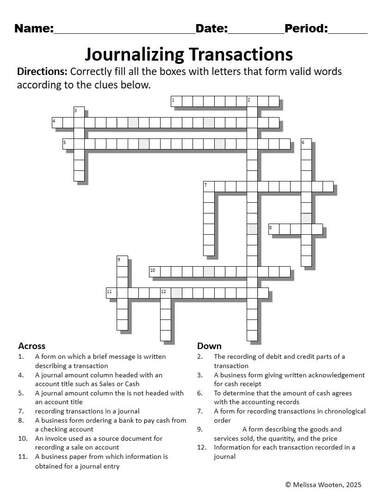 Accounting Crossword Puzzle – Journalizing Transactions| Grades 9-12