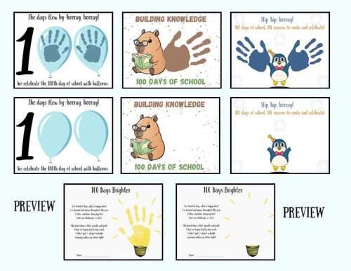 100 Days of School Handprint Craft Art / 100th Day of School Activities