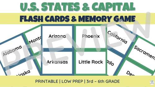 50 States and Capitals Flash Cards Memory Game Geography Activity 3rd ...