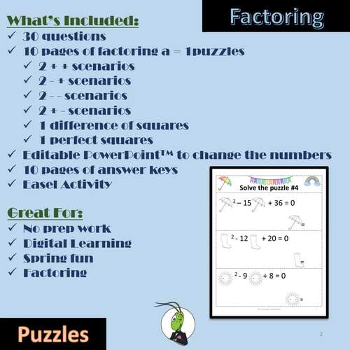 Spring Factoring A=1 | Number Sense Logic Puzzles | Algebra 1 | TPT
