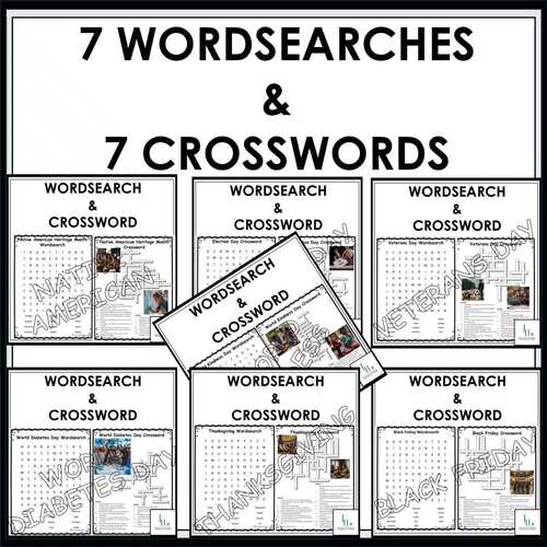 November Word Search Crossword Activity | 7 Holiday Puzzles ...