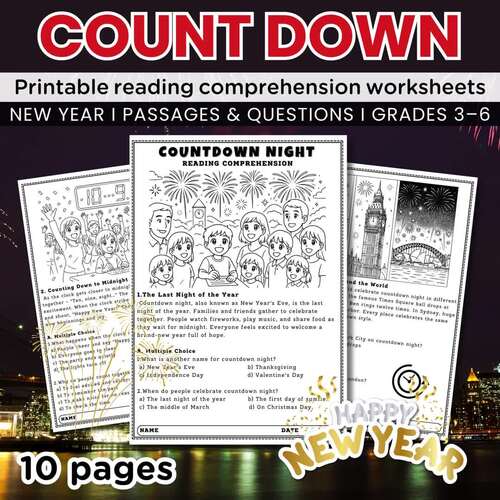 Countdown Night Reading Comprehension Worksheets, New Year ELA Activity