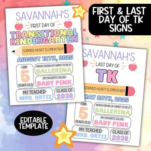 First & Last Day of TK Signs, Back to School 1st Day Transitional ...