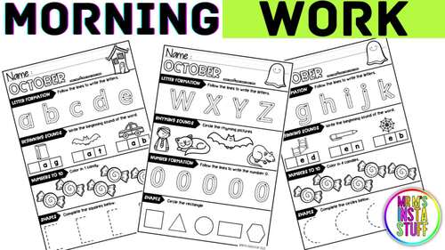 October Kindergarten Morning Work for Literacy and Math Activities