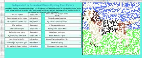 Independent or Dependent Clauses Digital Mystery Pixel Picture | TPT