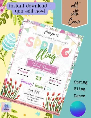 EDITABLE-Spring Fling Dance Flyer, School PTO, Social Media, Digital ...