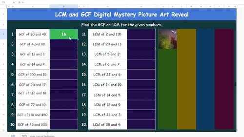 GCF and LCM Digital Activity Picture Art Mystery Reveal Self-Checking