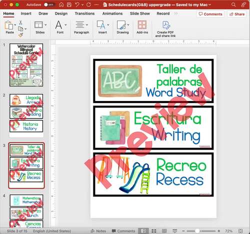 Watercolor Bilingual Schedule Cards + (Editable file Included) | TPT