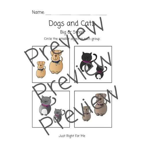 Dogs and Cats Sorting by Size Worksheets by Just Right For Me | TPT
