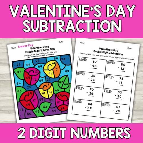 Valentine's Day Double Digit Subtraction Color by Number | Math Center ...