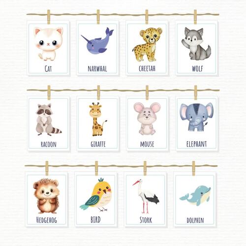 Cute Animals Flash Cards for Kids - 32 Printable Watercolor Animal Cards