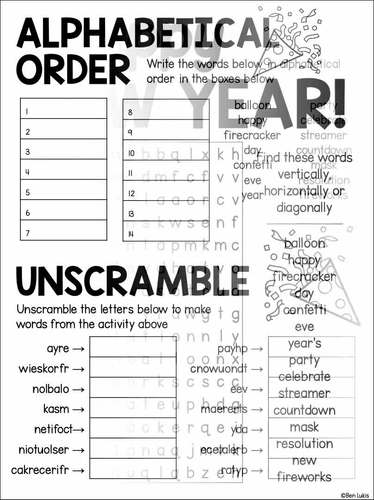 New Years 2024 Coloring Pages, Word Search, Alphabetical Order, Word ...