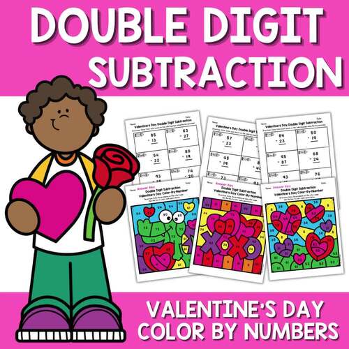 Valentines Day Double Digit Subtraction with Regrouping Color By Number ...