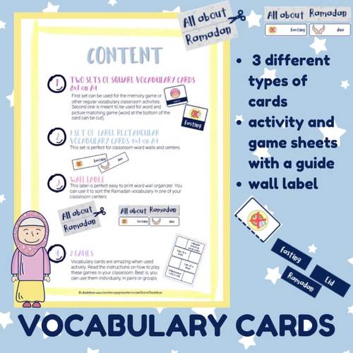 Ramadan printable vocabulary cards with activities and word wall decoration