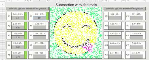 Digital Math Pixel Art | 5th Grade Fluency Decimal Subtraction | TPT