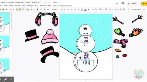 Add and Subtract Digital Christmas Math Activity BUILD A SNOWMAN Google