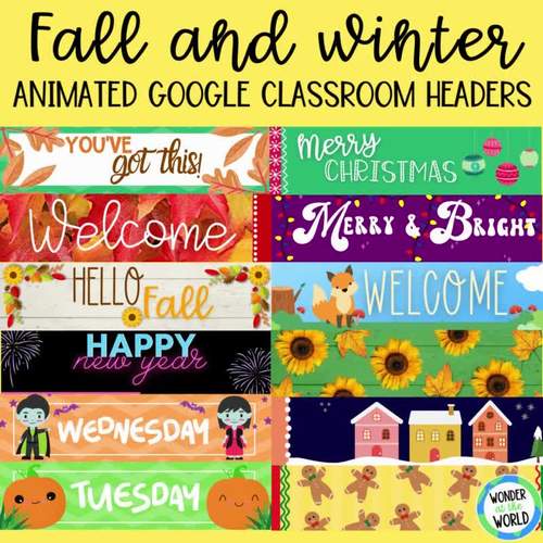 Seasonal animated Google Classroom headers for fall and winter BUNDLE