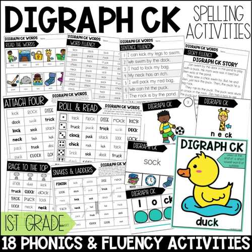 Digraph CK Worksheets, Games and Activities 1st Grade Phonics or Spelling