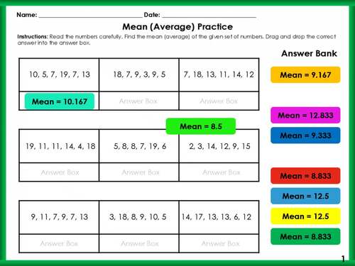 Mean Average Activity Worksheets Digital Drag Drop Flash Cards | TPT
