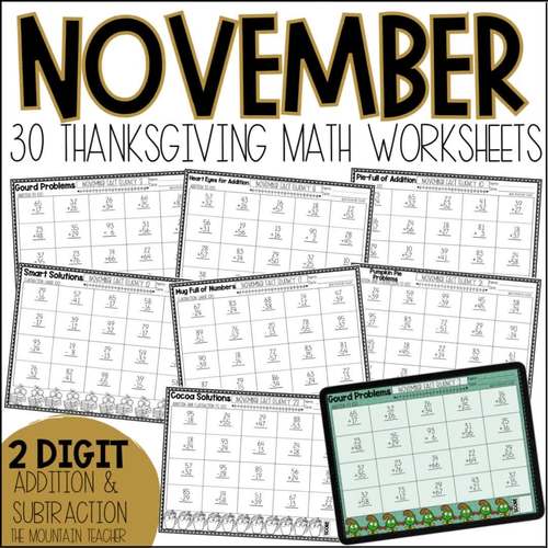 Thanksgiving 2 Digit Addition and Subtraction Math Facts to 100 Worksheets