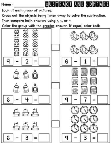 Back to School Subtract and Compare with Pictures – Color Greater or ...
