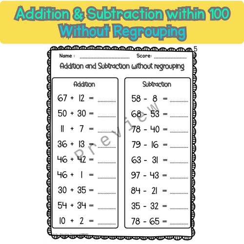 Addition and Subtraction within 100 without Regrouping Worksheets