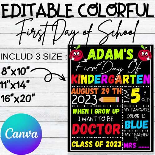 Editable Colorful First Day of School Chalkboard Sign |Back to School ...
