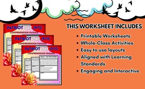 PATRIOT DAY (9/11) READING COMPREHENSION PASSAGE WORKSHEETS Grade 3-8