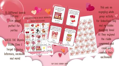 Valentine's Day Bingo Riddles Game. Valentine's Day Party Activities.
