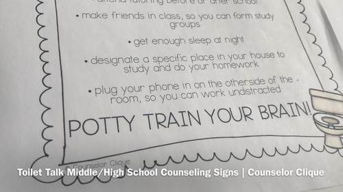 Toilet Talk- High School Counseling Bathroom Signs by Counselor Clique