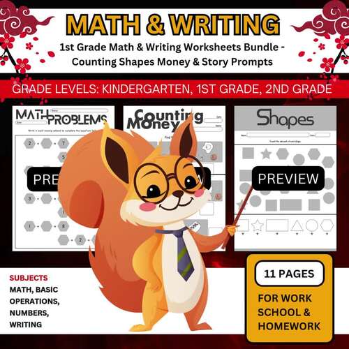 1st Grade Math & Writing Worksheets Bundle - Counting Shapes Money & Story