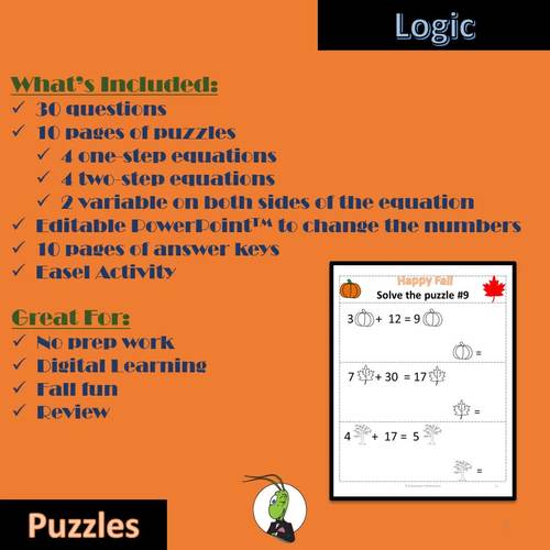 Fall Themed Solving Equations for Number Sense Logic Puzzles in Algebra 1