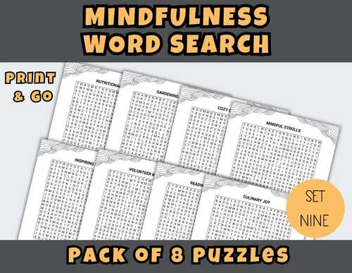 SEL Mindfulness Word Search Printable Activities Stress Relief Puzzle Set 9