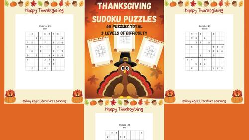 Giant Thanksgiving-Themed Sudoku Packet Three Levels of Difficulty 60 ...