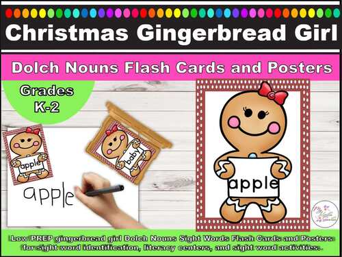 Christmas Gingerbread Girl Dolch Nouns Sight Words Flash Cards and Posters