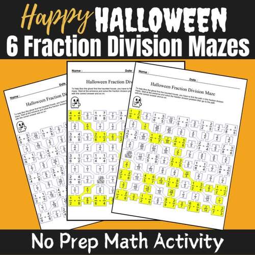 Halloween Fraction Division 6 Mazes Unlike Denominators | Fall October Math