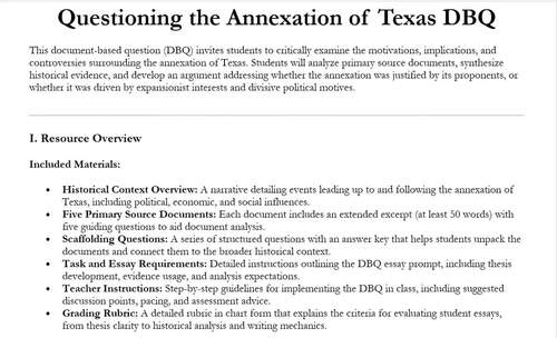 No Prep Questioning the Annexation of Texas DBQ by PBL History & Civics