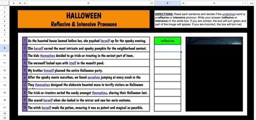 HALLOWEEN INTENSIVE & REFLEXIVE PRONOUNS Google Sheets Mystery Picture