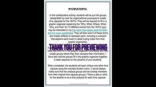 1970s Culture and Events - Time Capsule Project US History High School USII