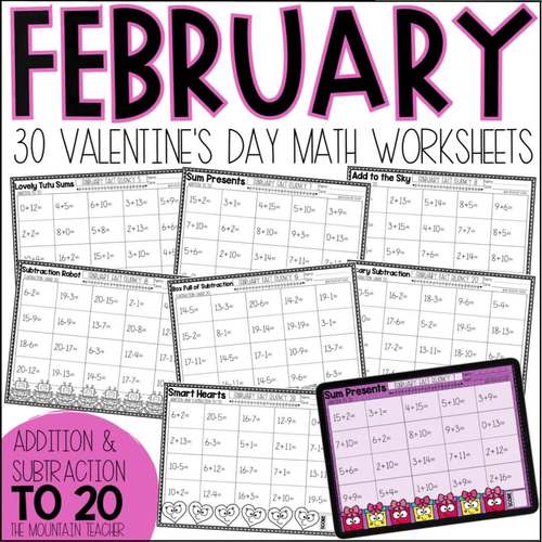 Valentine's Day Adding and Subtracting Up To 20 Worksheets | Math Fact ...