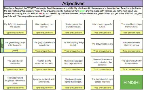 Digital Self Checking Maze Activity: Identifying Adjectives (Google Sheets)