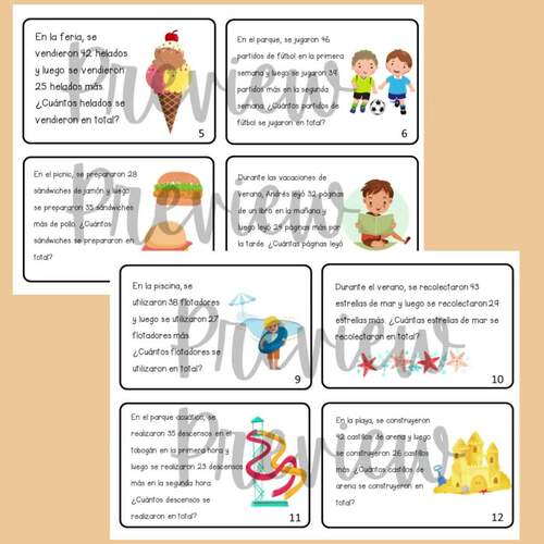 En verano Problemas de cuento sumas de Verano Addition Word Problems
