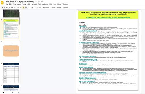 All Summer in a Day by Ray Bradbury | Short Story Activities | Resources