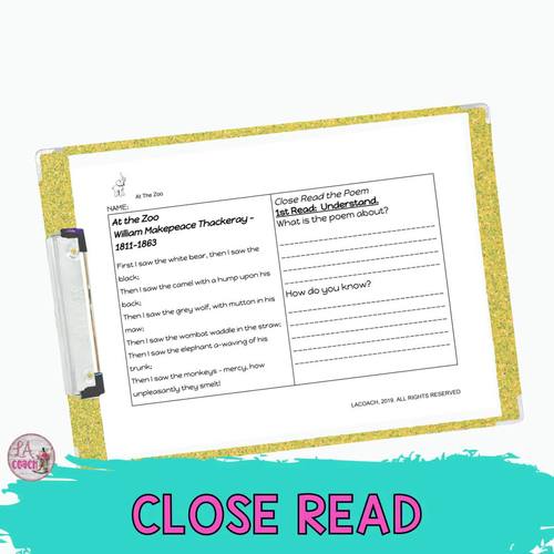 CLOSE READING At The Zoo PRINTABLE by LA Coach | TPT
