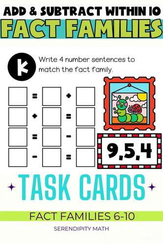 Spring Themed Add + Subtract Fact Families within 10 Task Cards | TPT