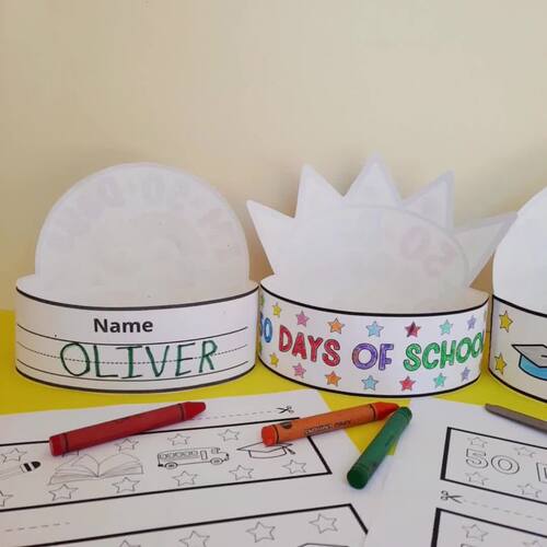50th Day of School Hat Crown Craft, 50 Days of School Headbands ...