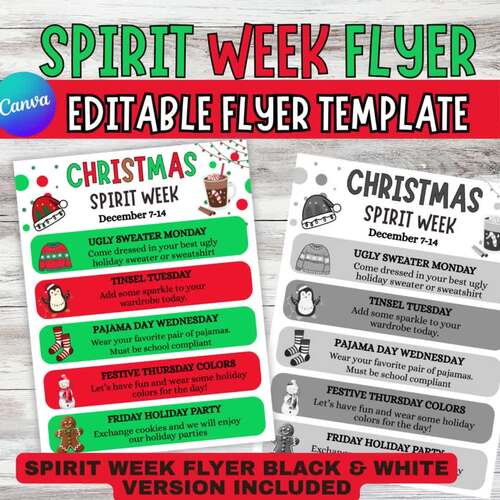 Spirit Week Editable Flyer Christmas School Template PTO PTA Dress-Up ...