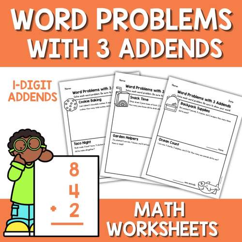 Addition Word Problems with 3 Addends 1-digit numbers | 1st Grade Math ...