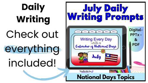 July Summer Writing Prompts Journal Daily Quick Writes PPT PDF Google