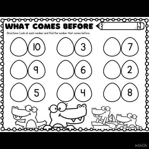 Kindergarten Math Worksheets | Before and After Numbers to 10 Gator Theme